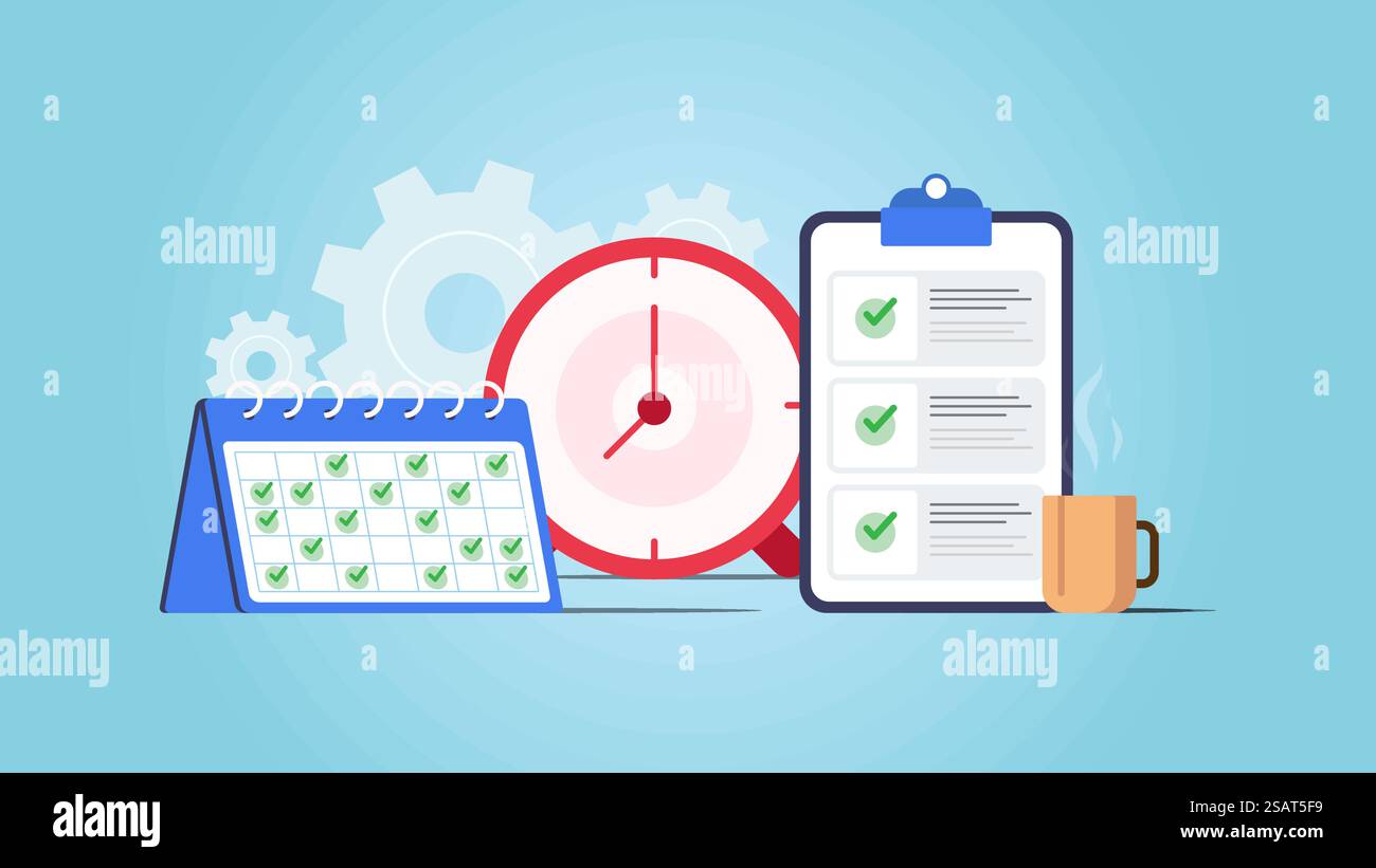 Time Scheduling vector illustration with calendar, clock and to do list element. Vector ...