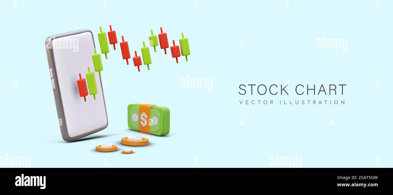 Stock chart concept. Realistic smartphone, chart with Japanese candles ...