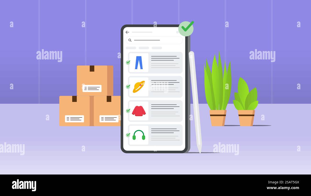 Online shopping. Product list on mobile e commerce app. Vector ...