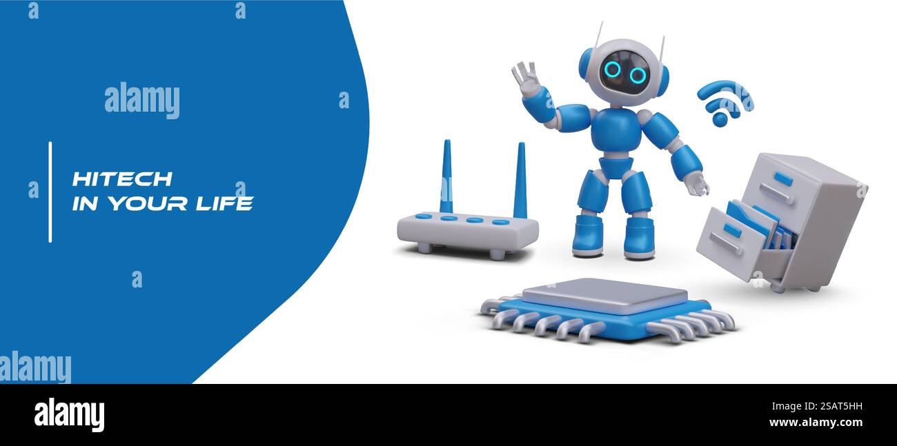 Hitech in your life. Cute 3D robot, microprocessor, router, office ...