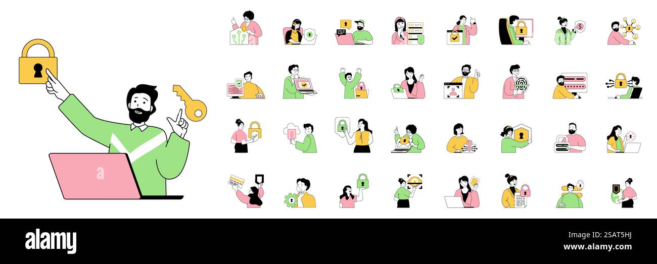 Cyber security concept with character situations mega set in flat web ...