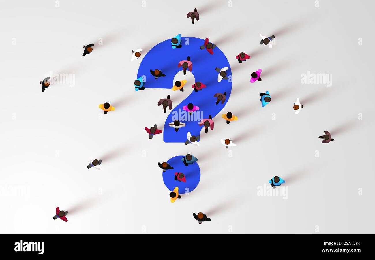 Large group of people standing around question mark sign. People crowd ...