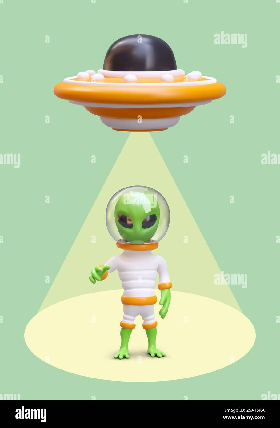 3D flying saucer, alien extends his hand. Flying disc with transport ...