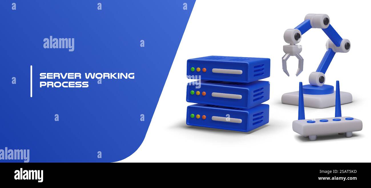 Server working process. Server rack, programmable manipulator, router ...