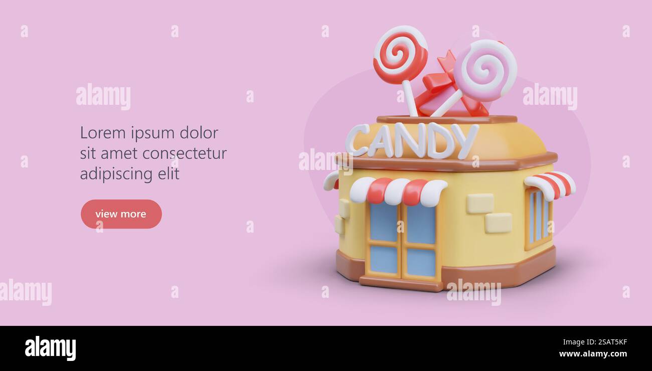 3D sweet shop with lollipops on roof. Colorful building in positive ...