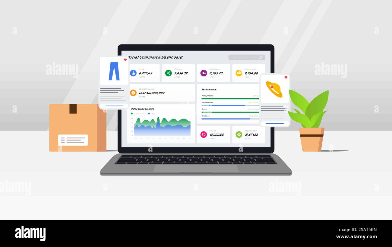 Social commerce dashboard illustration concept. E commerce data ...