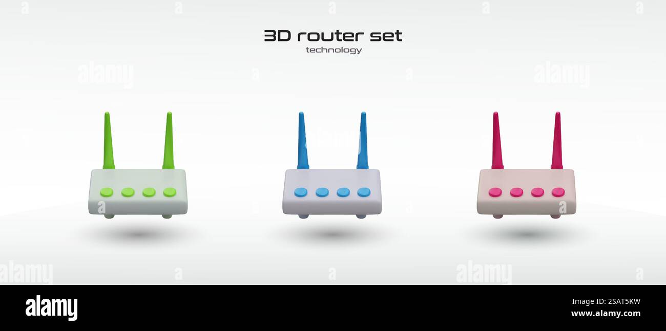 Set of routers of different colors. Wireless transmission of ...