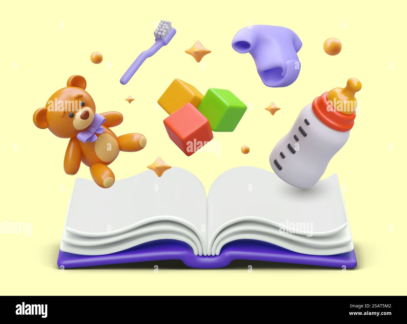Colorful fantasy book with 3d teddy bear and educational cubes, bottle with milk, toothbrush for ...