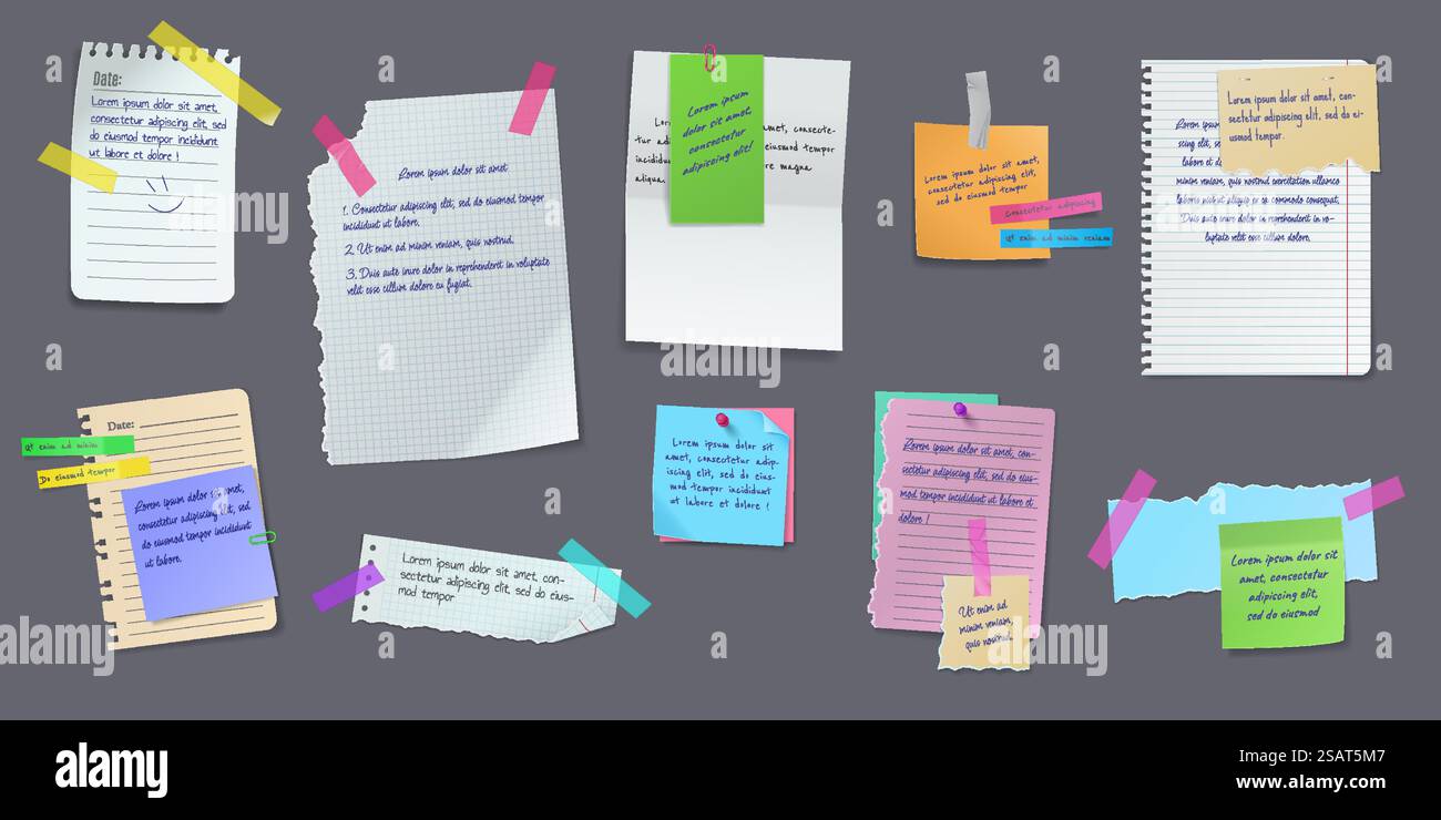 Paper notes on bulletin board realistic vector illustration set. Torn ...