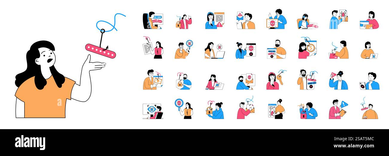 Phishing concept with character situations mega set in flat web design ...