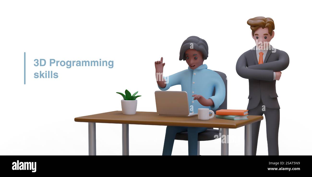 3d programming skills concept. Professional American man sitting at tale and programming ...