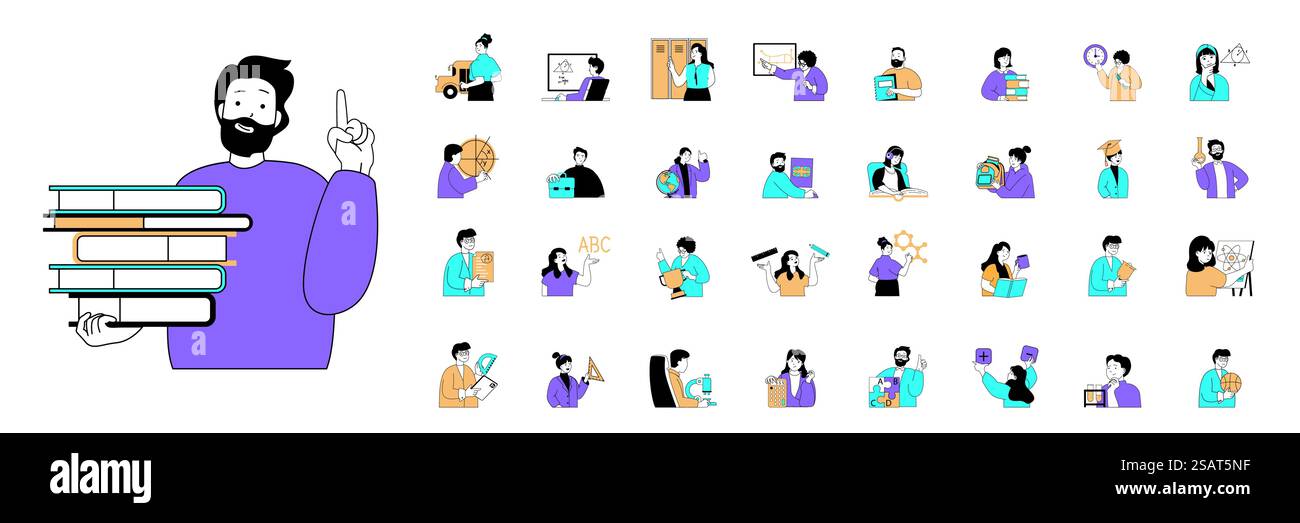 School learning concept with character situations mega set in flat web ...