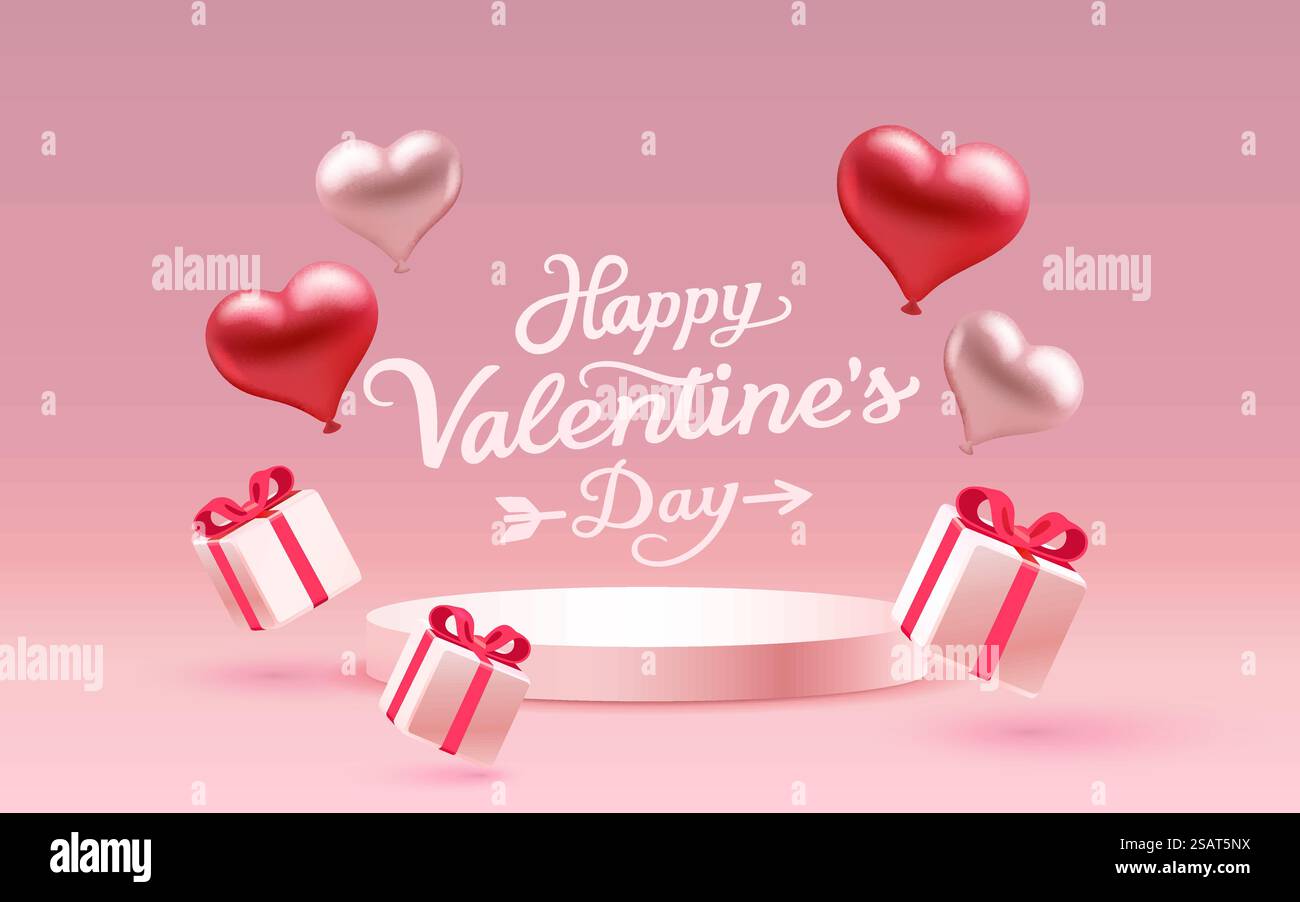Podium with heart and balloons of Happy Valentines Day, greeting card ...