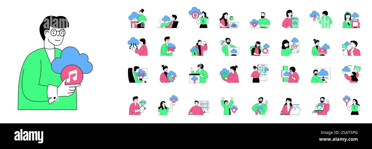 Cloud computing concept with character situations mega set in flat web ...