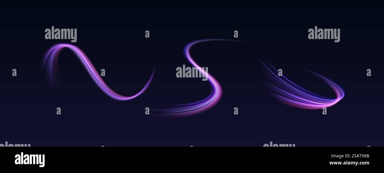 Curved glowing light lines realistic vector illustration set. Sparkling ...