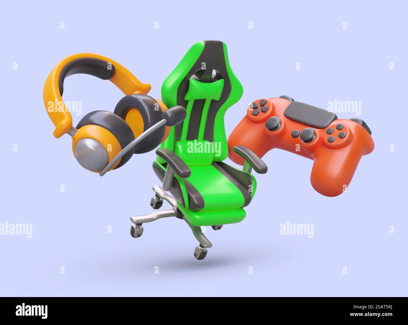 Gamer accessories. Ergonomic chair, headphones with microphone, gamepad ...