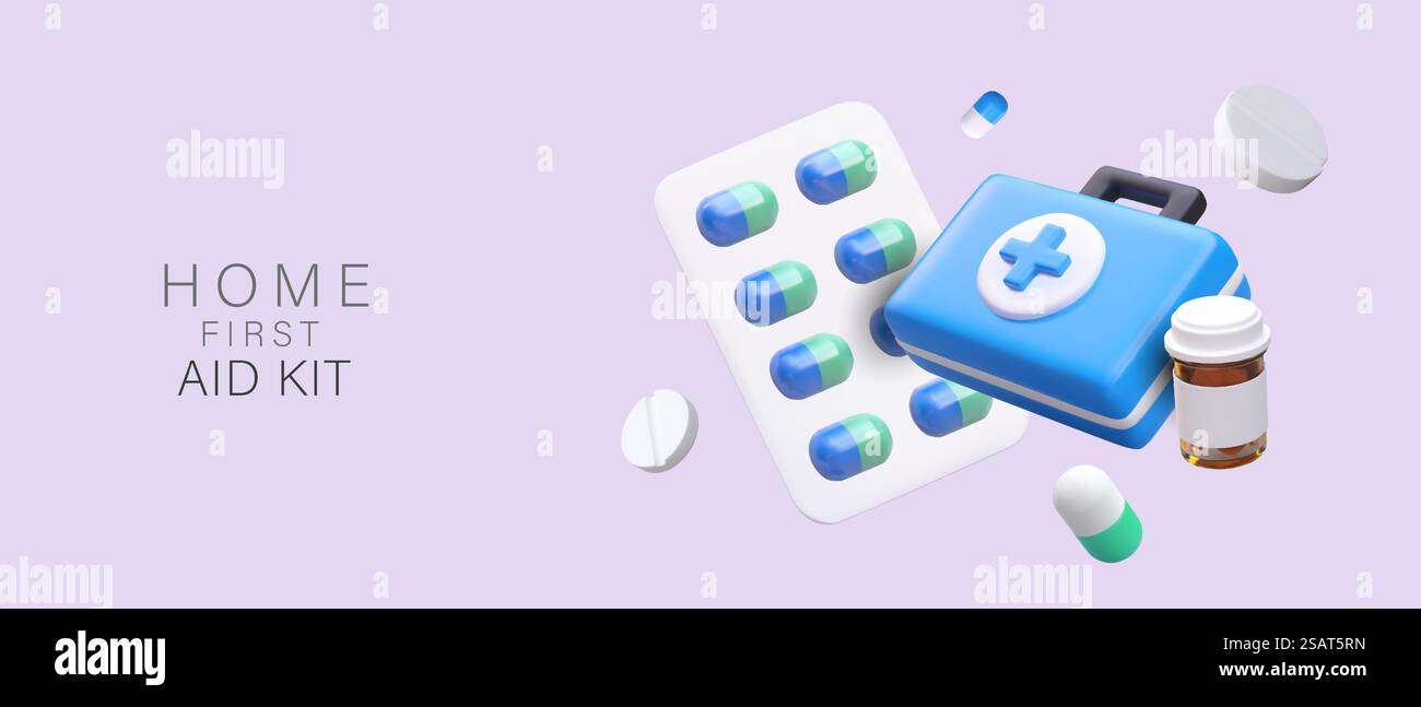 Concept of home first aid kit. Poster with realistic 3d box with ...