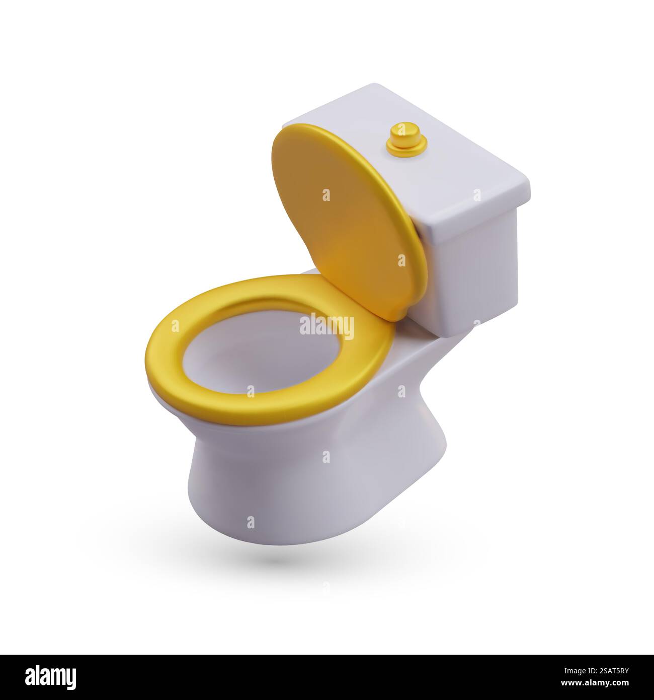 3D toilet with open lid, top view. Gold seat and flush button. Vector ...