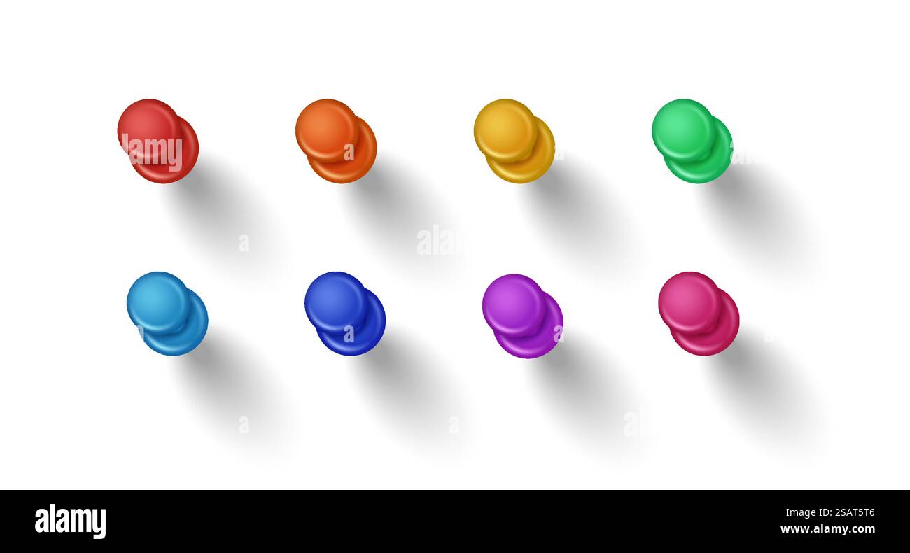Multicolor pins realistic vector illustration set. Color pushpins with ...