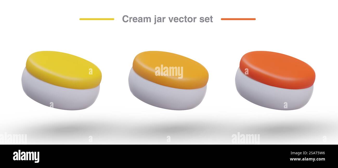 Set of round flat white jars with lids of different colors. Containers ...