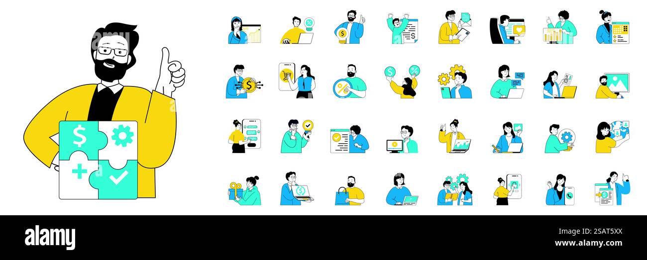 Digital business concept with character situations mega set in flat web design. Bundle of scenes ...