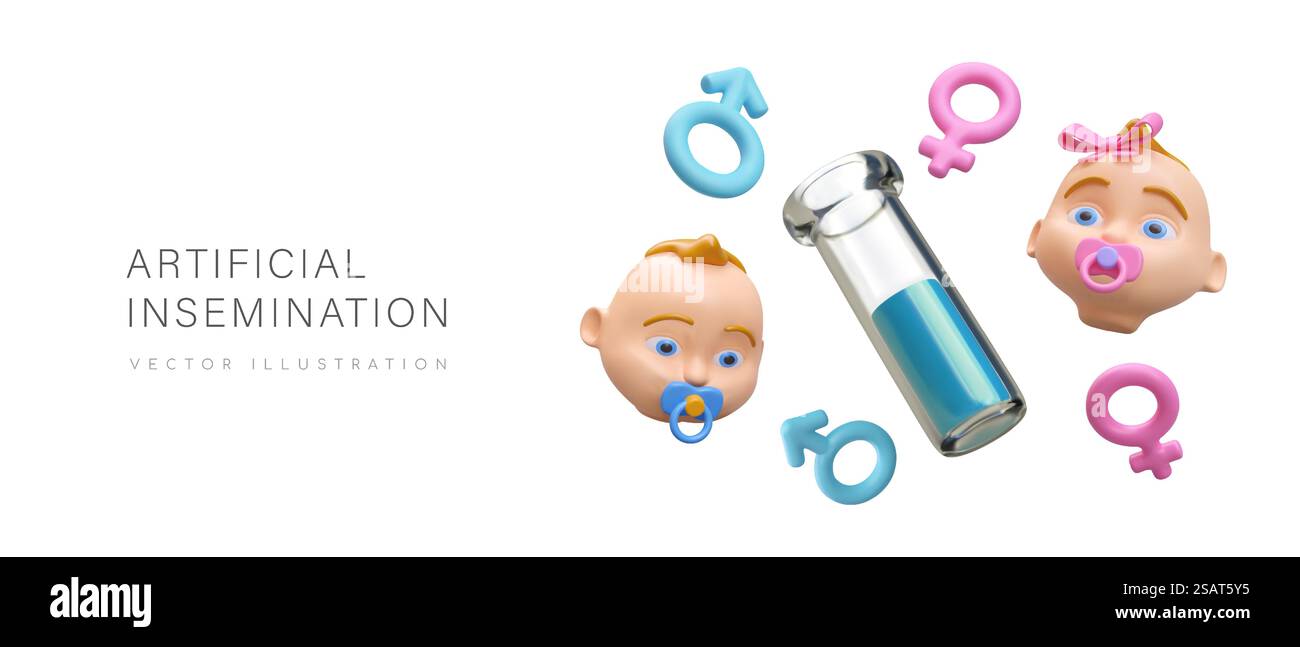 Artificial insemination. Male and female gender symbols, test tube with ...
