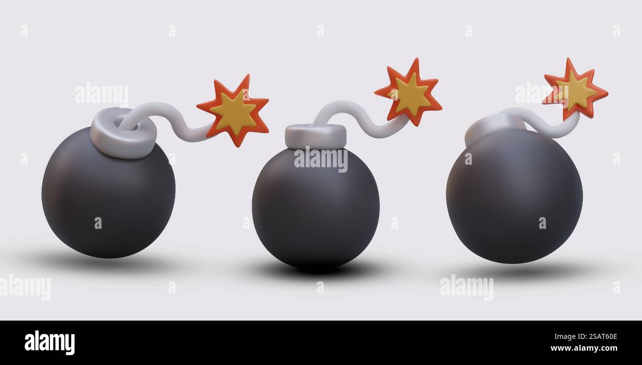Round black bomb with burning fuse. Set of 3D images with shadows ...