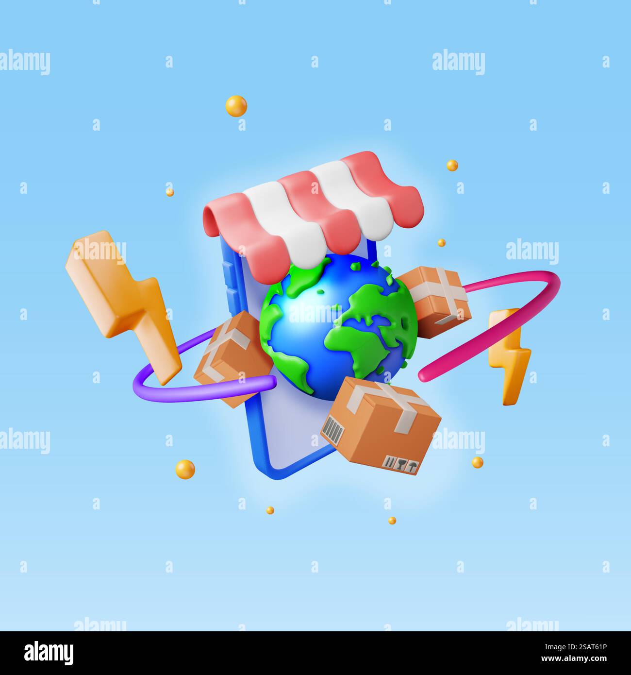 3D Planet Earth, Packaging Box in Smartphone with Awning. Render ...