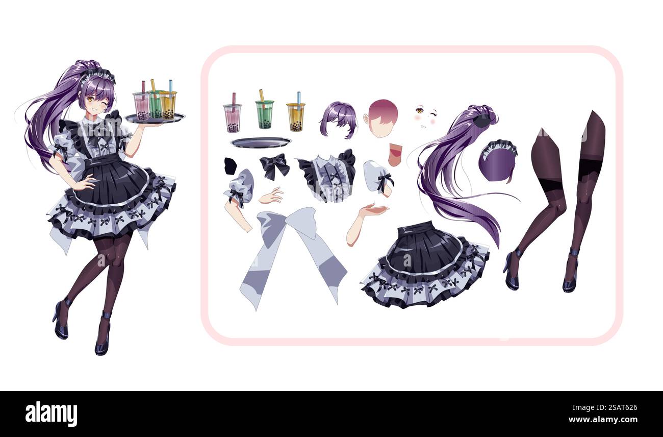 Maid cafe girl color vector character for animation. Pretty anime woman ...