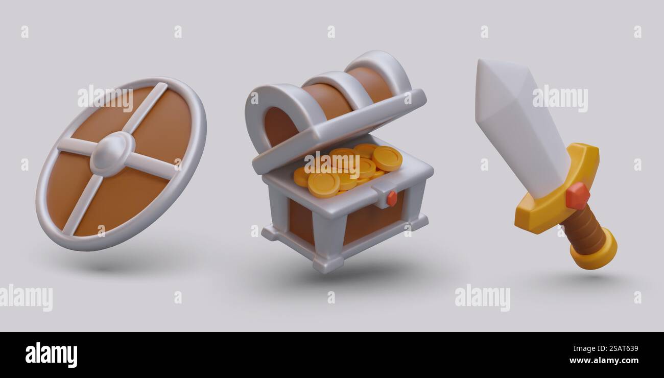 Composition of 3d shield, open treasure chest with collection of gold ...
