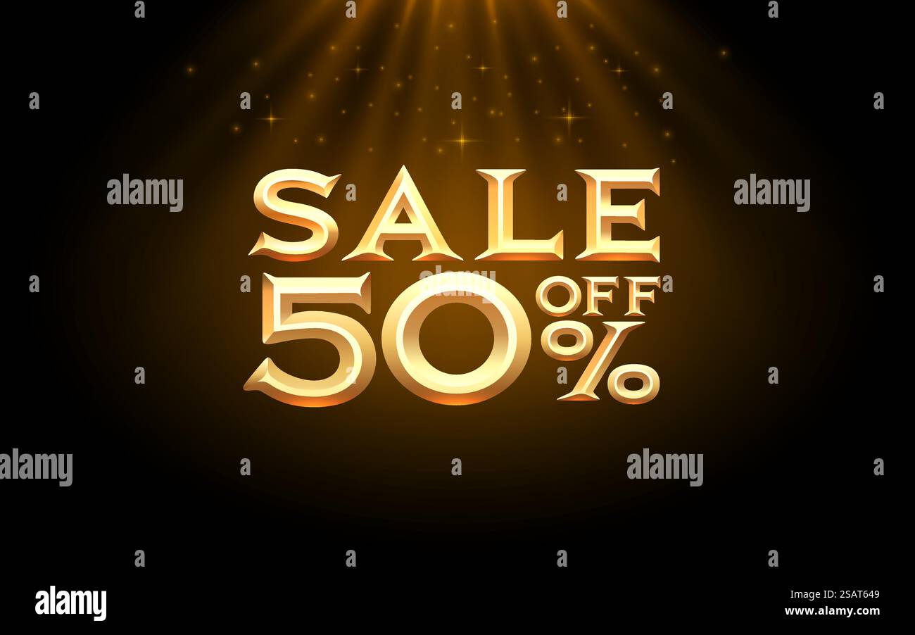 Sale off 50 percent, offer banner. Gold letters on a black background ...