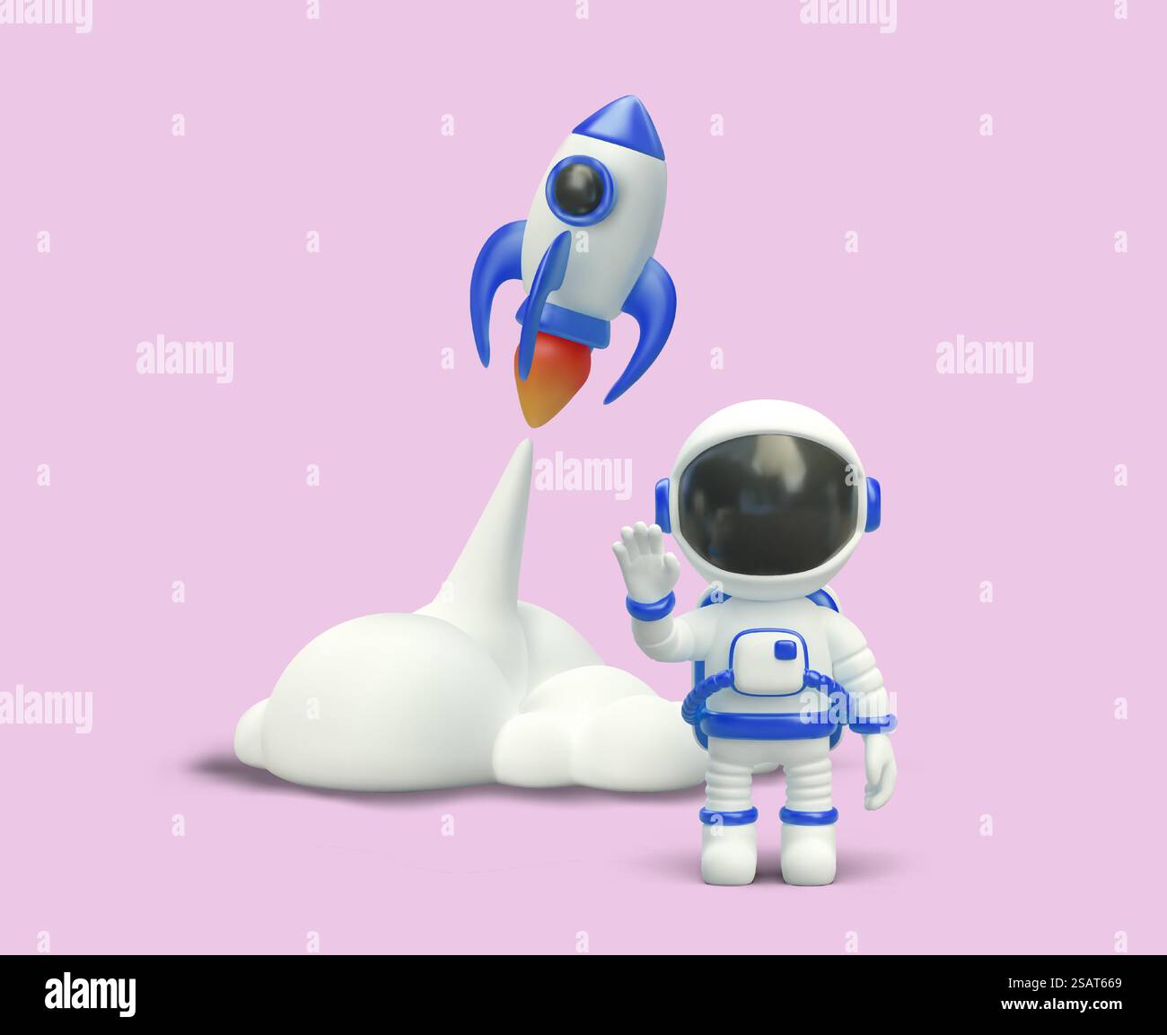 Astronaut waves goodbye during launch of space rocket. Expedition into ...