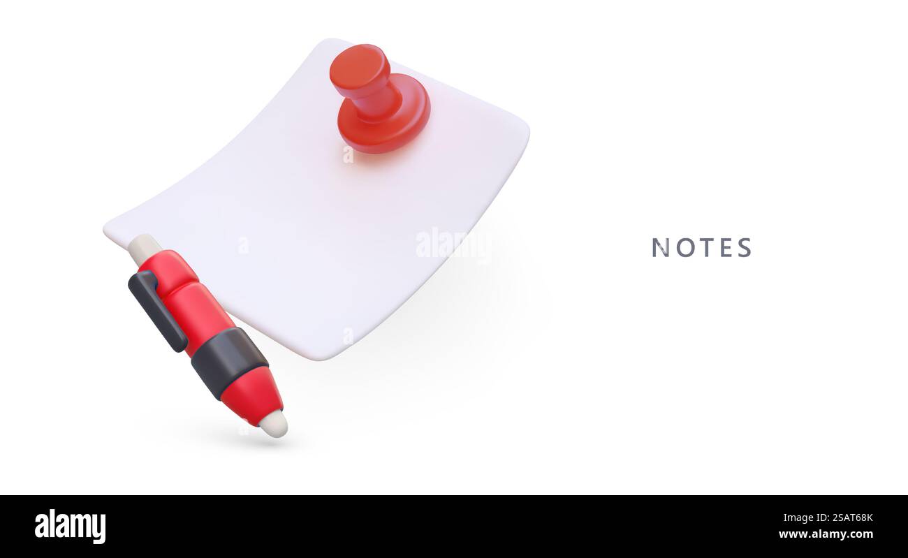 White sheet of paper attached with pin. 3d realistic illustration with ...