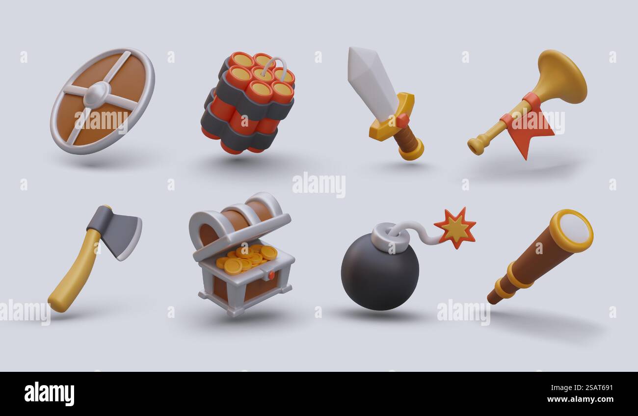 Large set of game illustrations. Items for battle. Shield, dynamite, sword, bugle, axe, chest ...