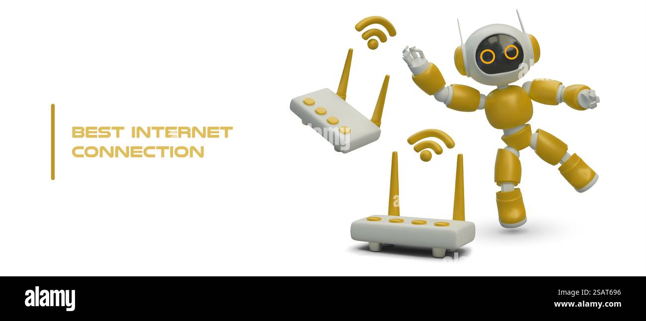 Best internet connection. Realistic robot, router, Wi Fi signal ...