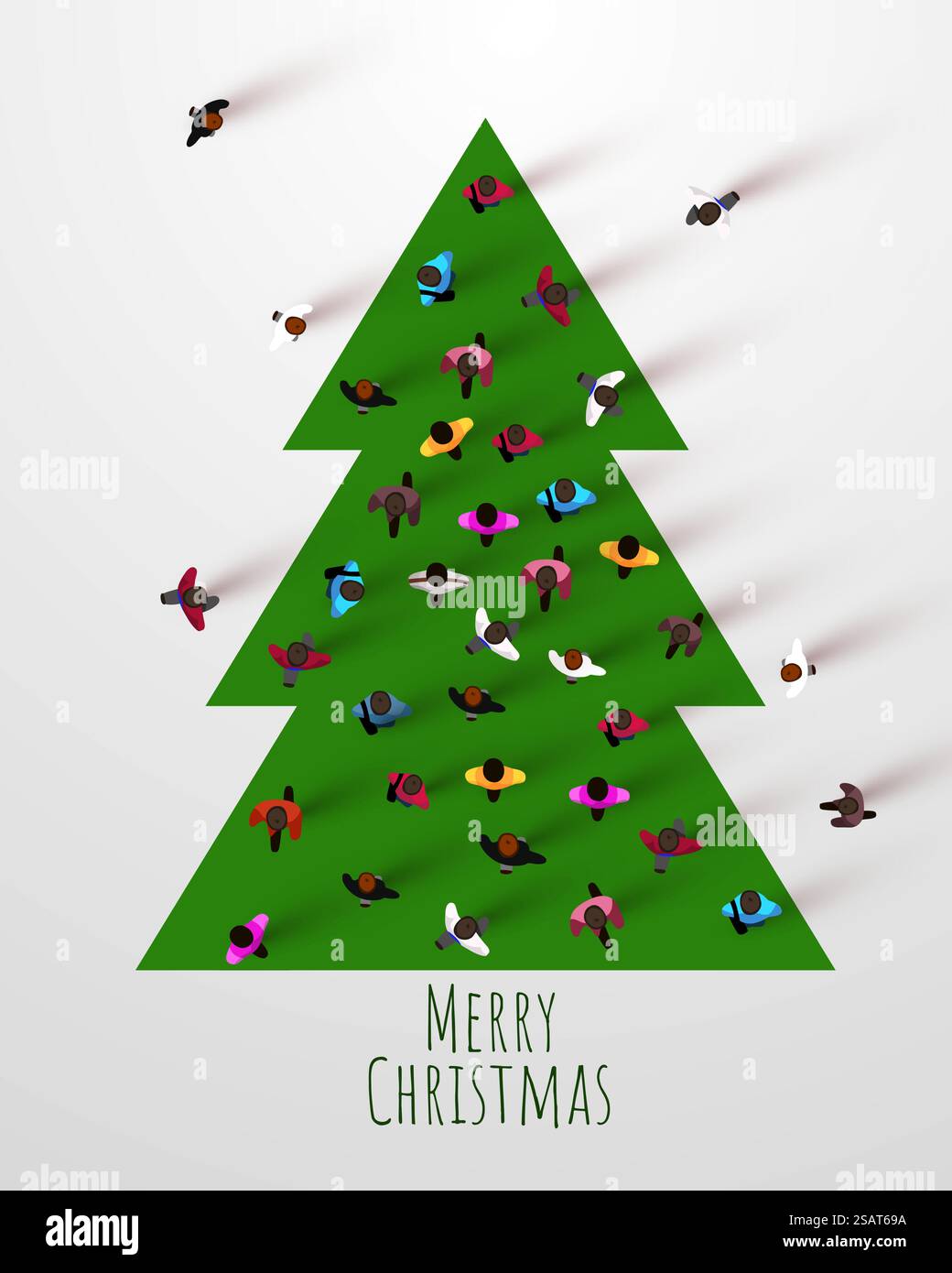 Large group of people standing around Christmas tree. People crowd. Top ...