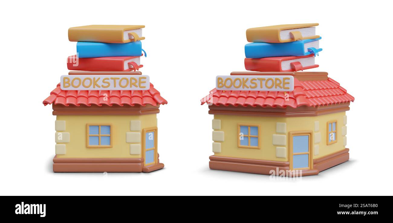 Models of bookstore in different positions. 3d realistic building in ...