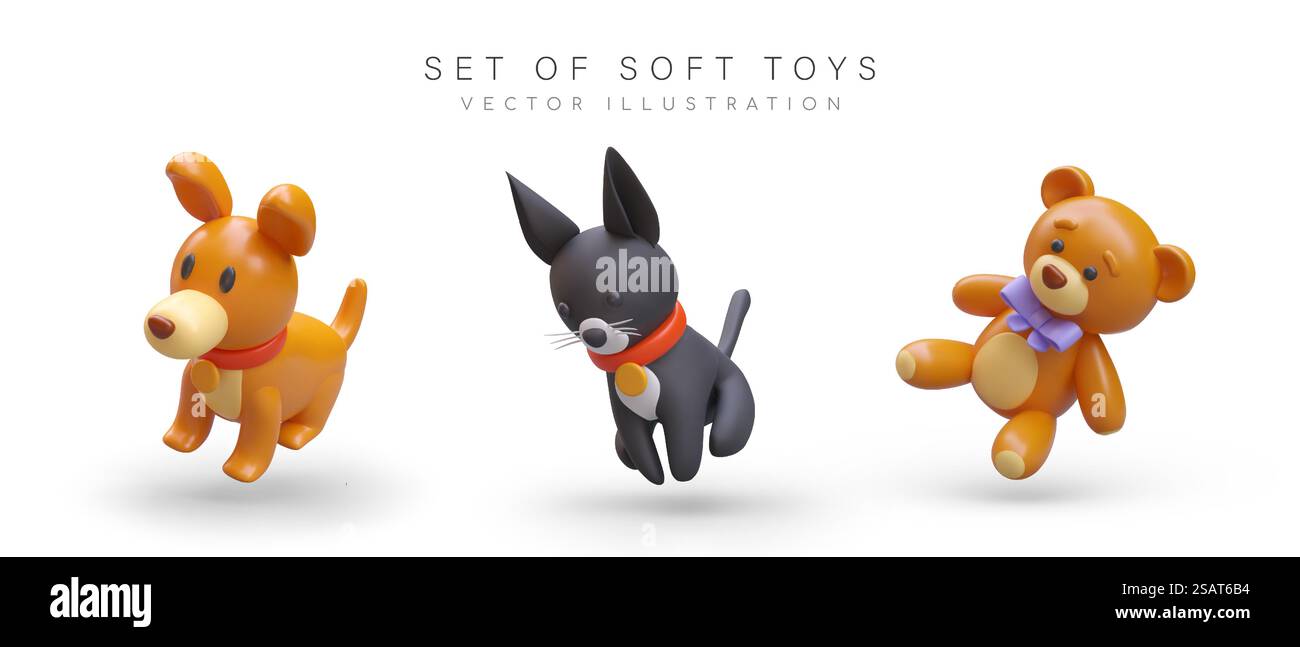 Set of soft toys. 3d realistic dog, cute kitten and teddy bear on gray ...