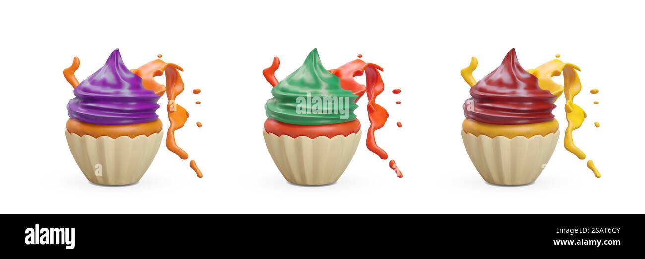 Poster with different muffins in purple, green and red colors and ...