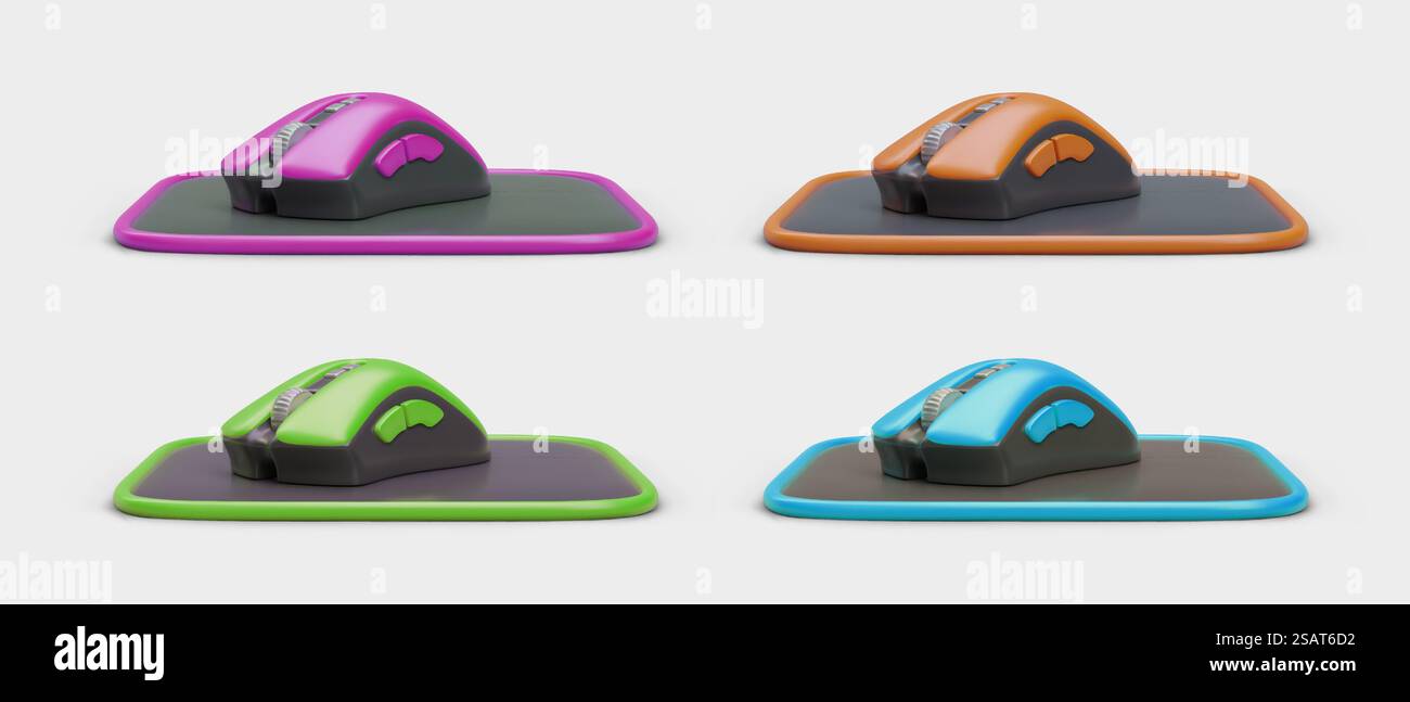 Set of 3D computer mice on mat. Image in different colors, side view ...