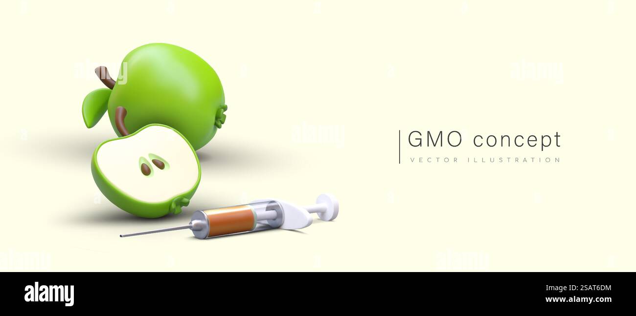 GMO concept. Realistic sliced green apple with filled syringe ...