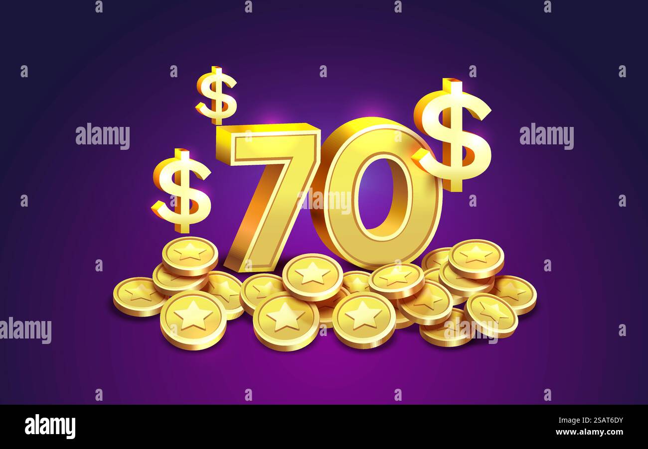 Cash back 70 dollar Percentage golden coins, financial save off. Vector ...