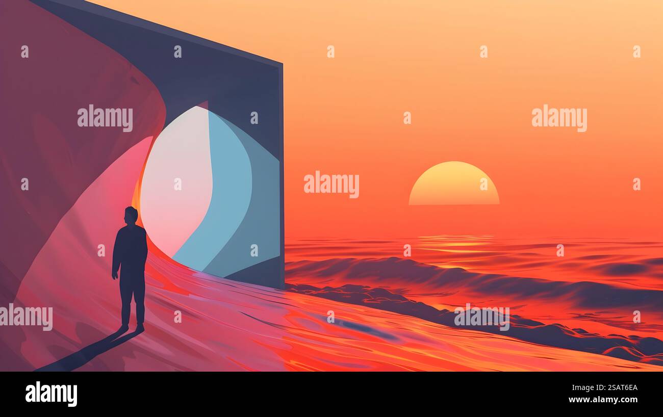 This striking minimalist depicts a solitary figure standing within a ...