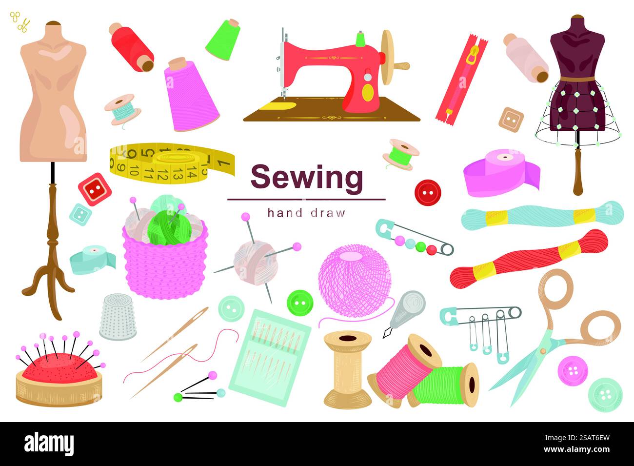 Sewing mega set in flat design. Bundle elements of mannequin, thread ...