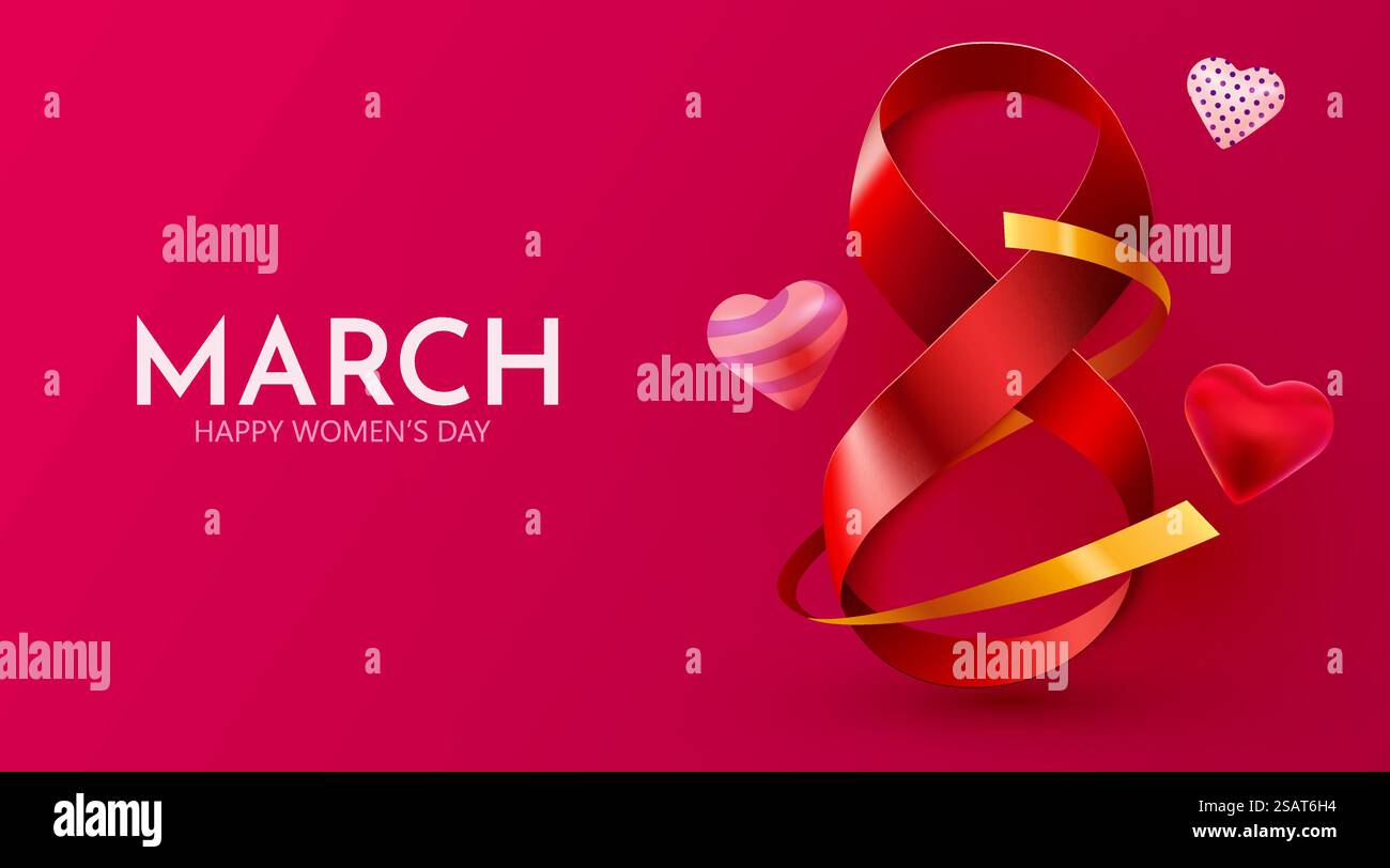 International Women’s Day Banner. Flyer for March 8 with red ribbon ...