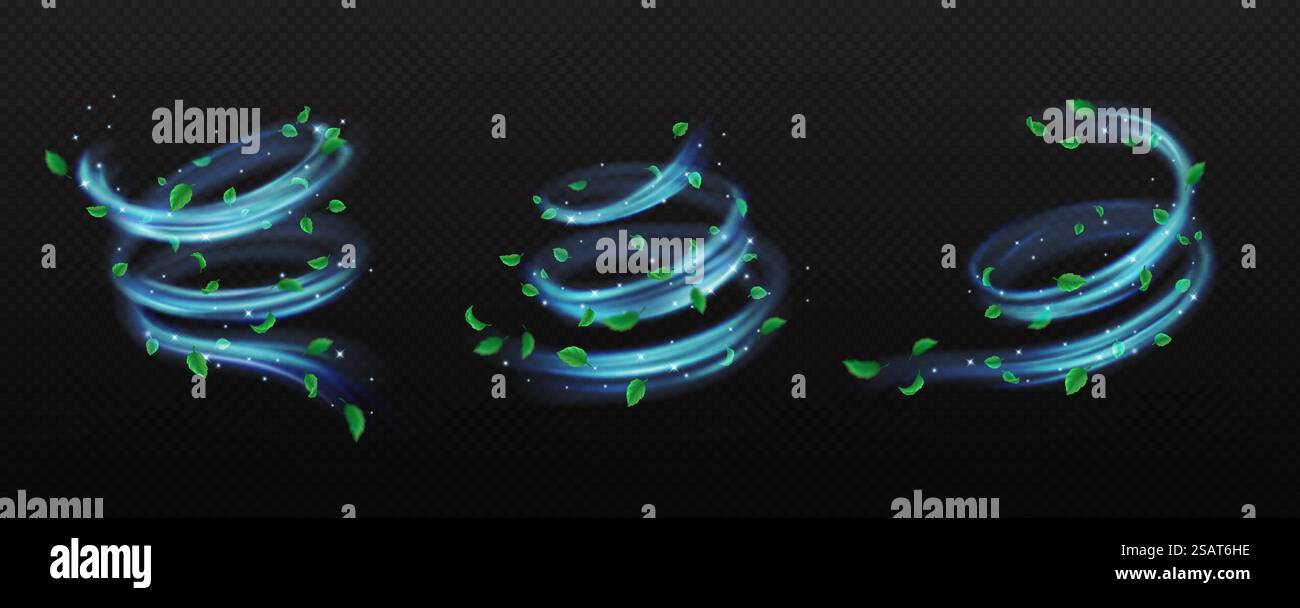 Spiral air flows with leaves and glitter realistic vector illustration ...
