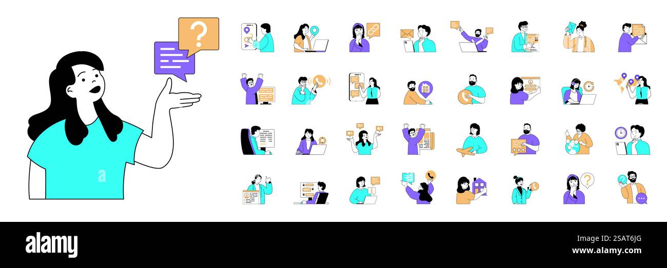 Contact us concept with character situations mega set in flat web ...