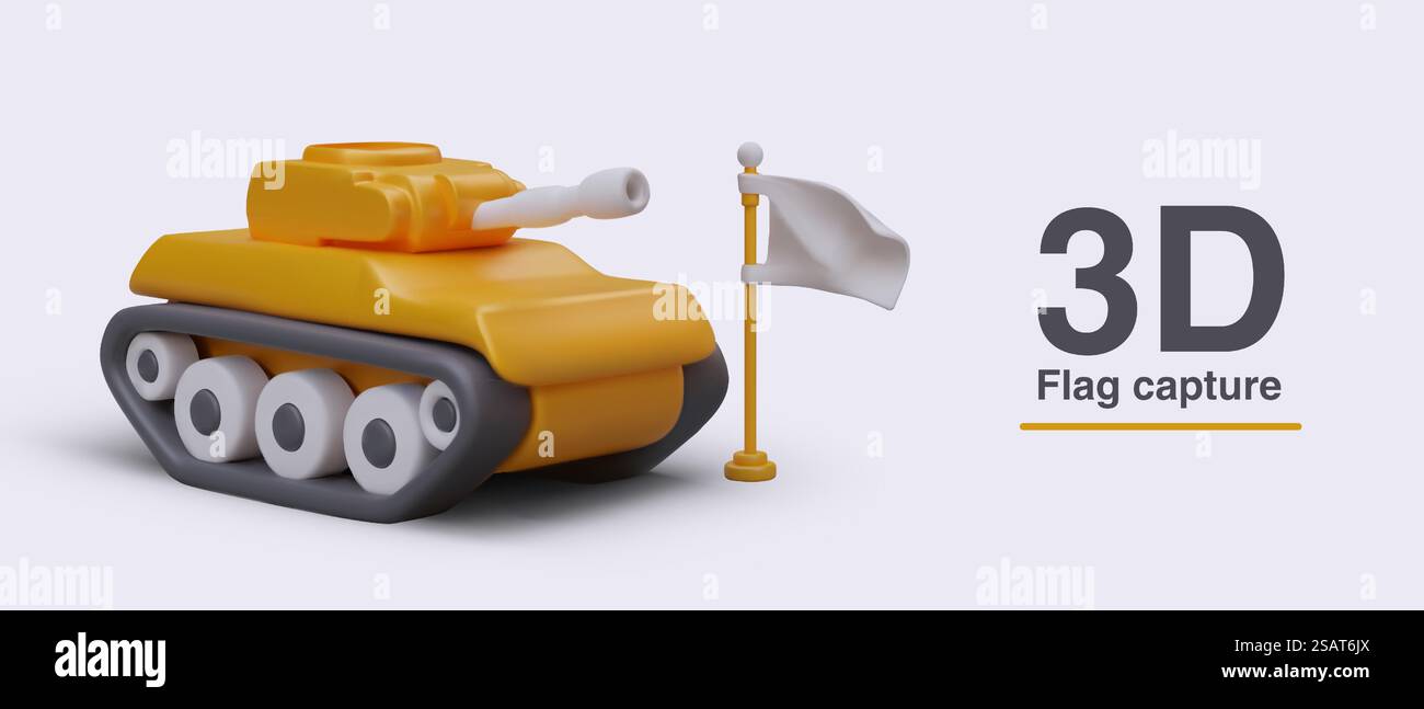 Game concept of capturing battle flag. 3D tank, white flag on rack ...
