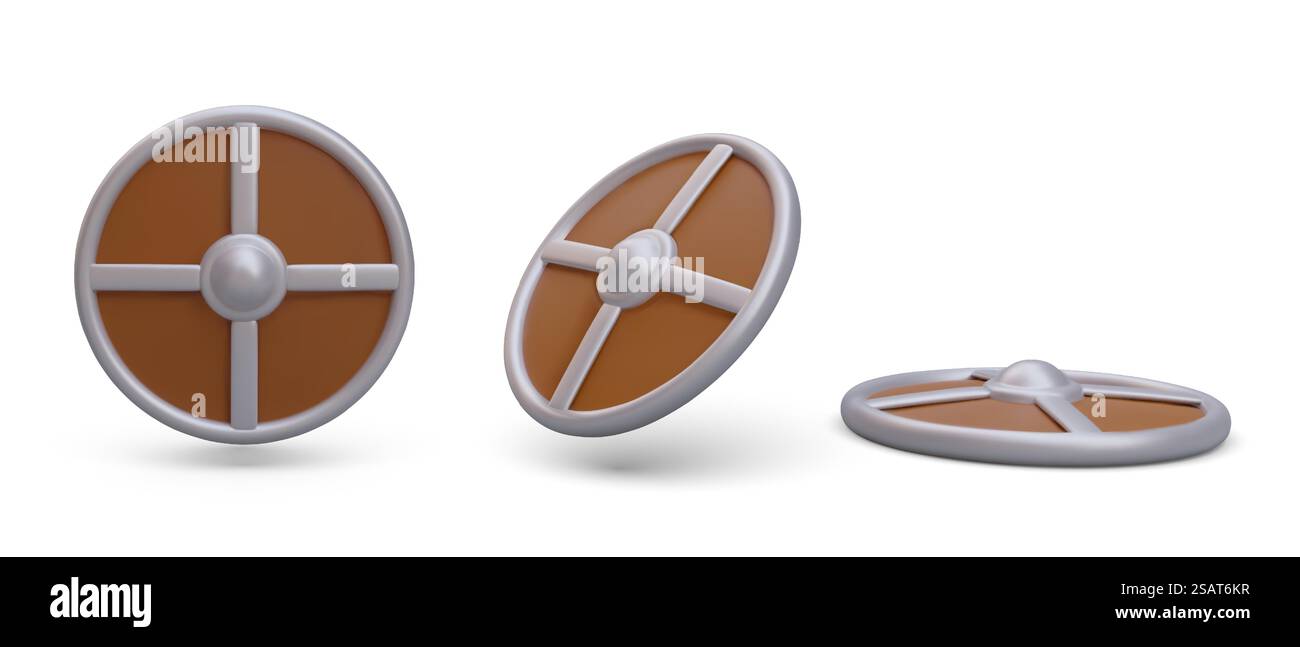 Collection of 3d realistic round shield in different positions ...