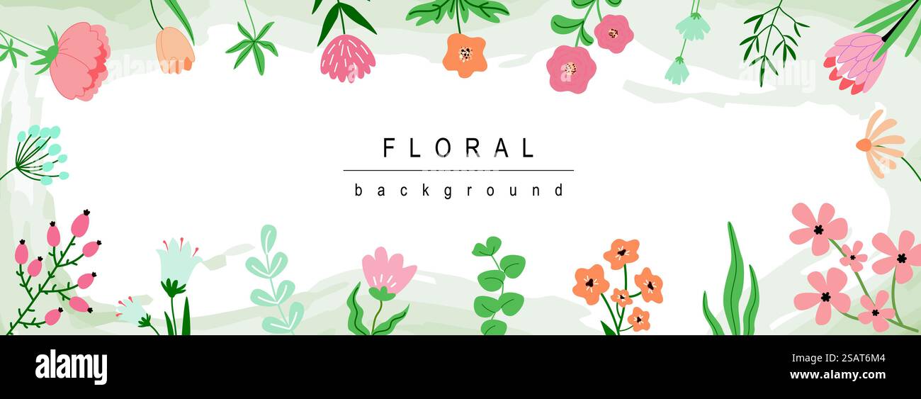 Floral horizontal web banner. Abstract summer blooming wildflowers and ...